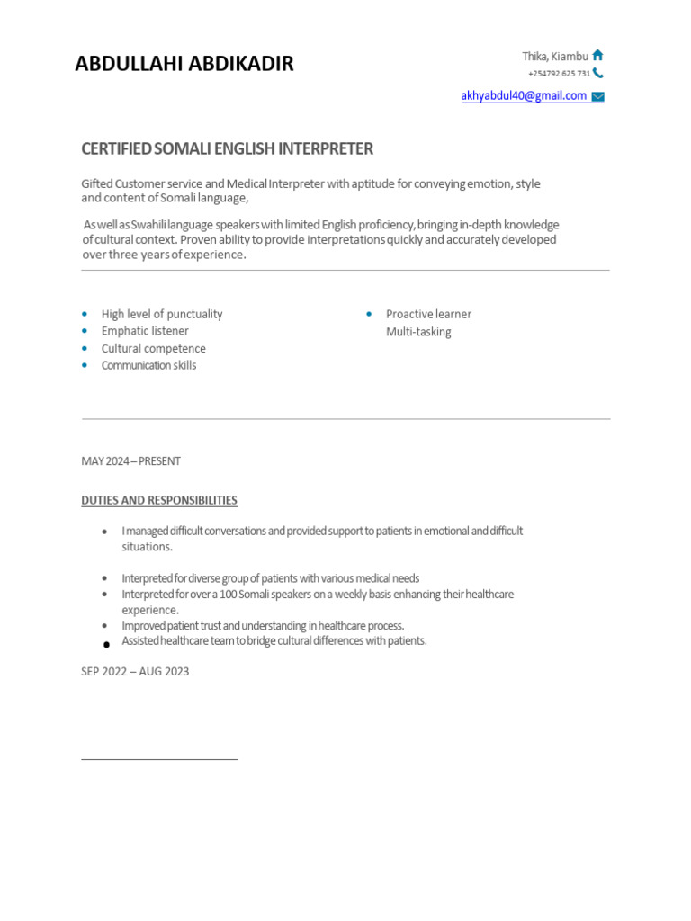 Resume Somali Interpreter | PDF | Language Interpretation | Kenya