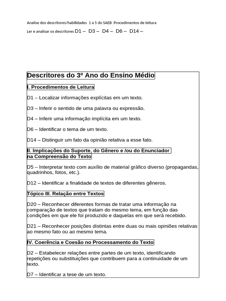 Descritores Do 3º Ano Do Ensino Médio | PDF