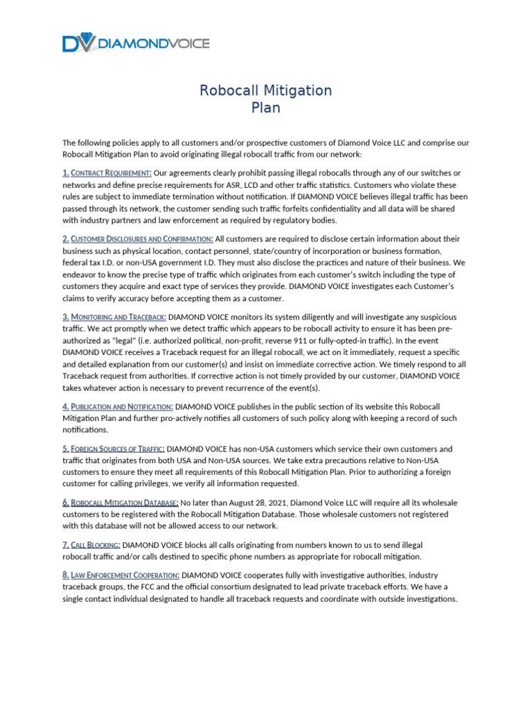 Robocall Mitigation Plan | PDF | Justice | Crime & Violence