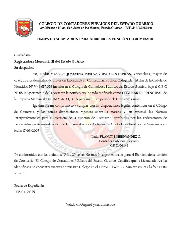 Carta de Aceptacion de Comisario | PDF