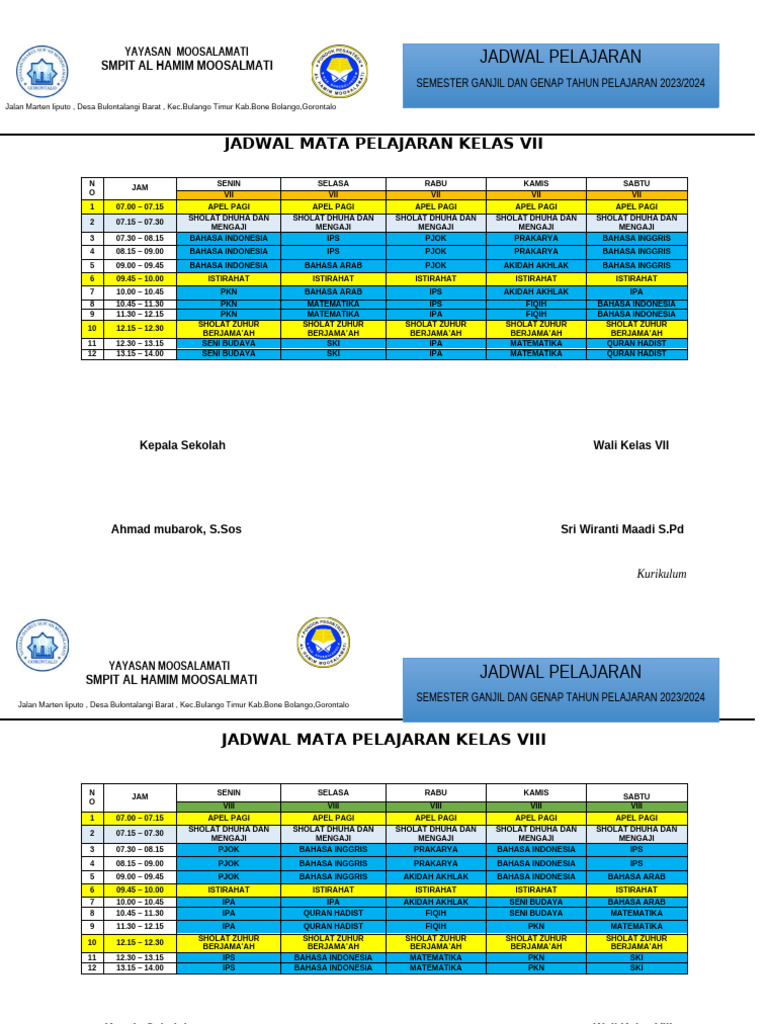 Jadwal Mapel Genap 2024 Fix | PDF