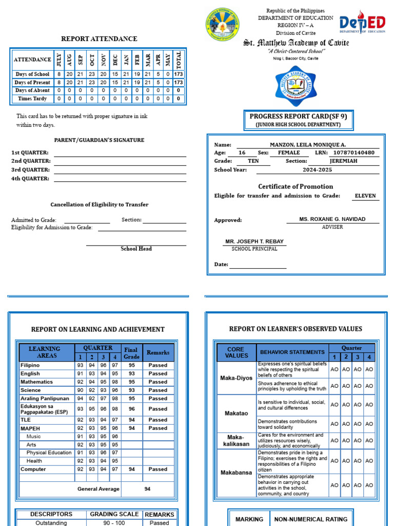 Progress Report Card - Manzon | PDF