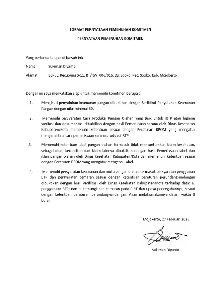 Format Pernyataan Pemenuhan Komitmen Sppirt-Baru | PDF