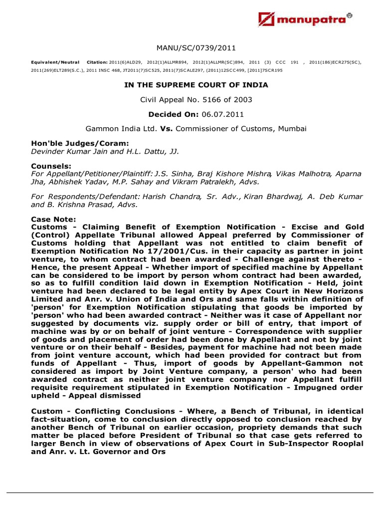 Gammon India LTD Vs Commissioner of Customs Mumbais110665COM779334 ...