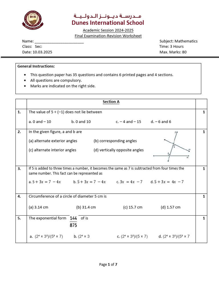 GR 7-Final Exam Revision Worksheet | PDF | Area | Angle