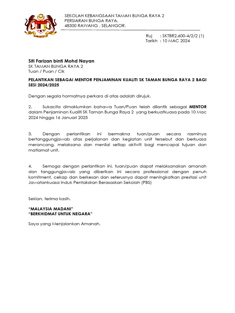 SURAT LANTIKAN SEBAGAI MENTOR 2024 | PDF