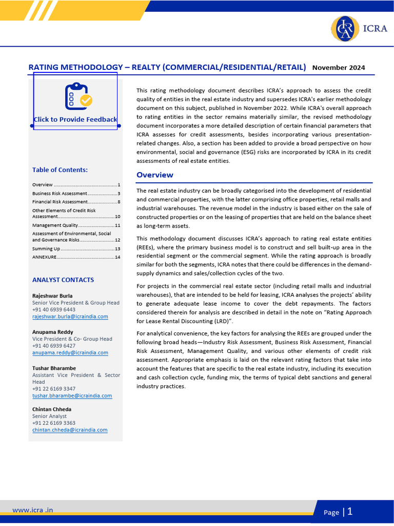 ICRA Realty Rating Methodology 2024 | PDF | Debt | Risk