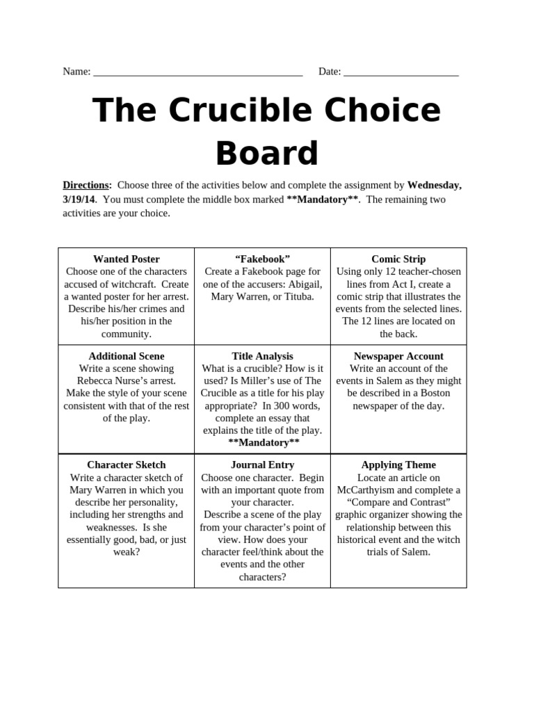 The Crucible Choice Board: Directions: Wednesday, 3/19/14 Mandatory ...