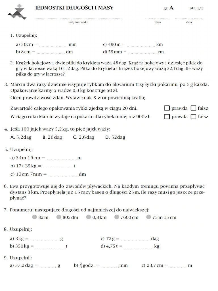 JEDNOSTKI DŁUGOŚCI I MASY | PDF