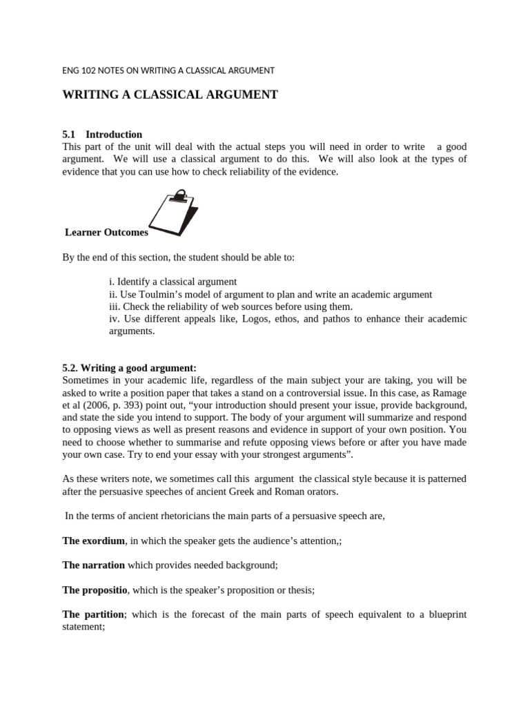Week 8 ENG 102 NOTES ON WRITING A CLASSICAL ARGUMENT | PDF | Rhetoric ...
