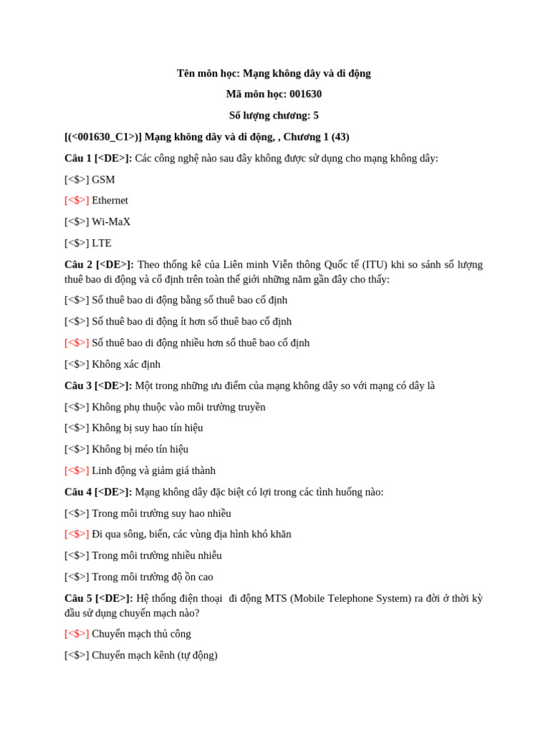 Mang Khong Day - Di Dong - Cau Hoi - Dap An C1 5 Tong Hop | PDF