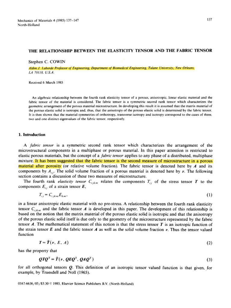 1985 - The Relationship Between The Elasticity Tensor and The Fabric Tensor - Stephen C. Cowin ...