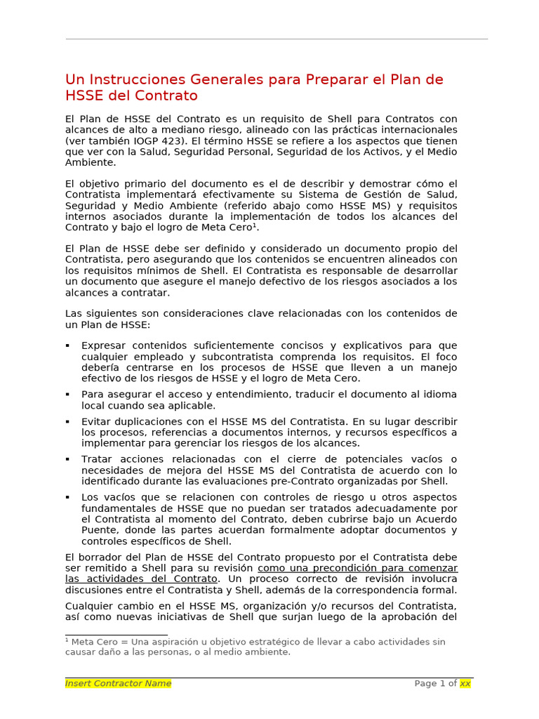 Shales Contract HSSE Plan Template_Spanish_Rev01_Nov 2023 rev01 (1 ...