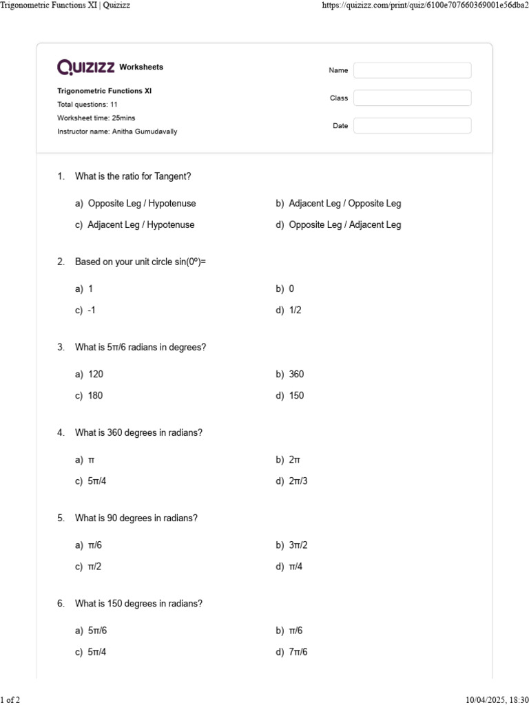 Trigonometric Functions XI - Quizizz | PDF | Trigonometric Functions ...
