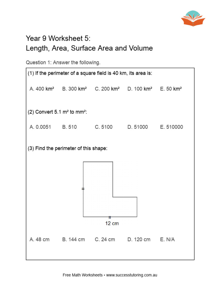 Year 9 Worksheet 5 - Length, Area, Surface Area and Volume - Year-9 ...