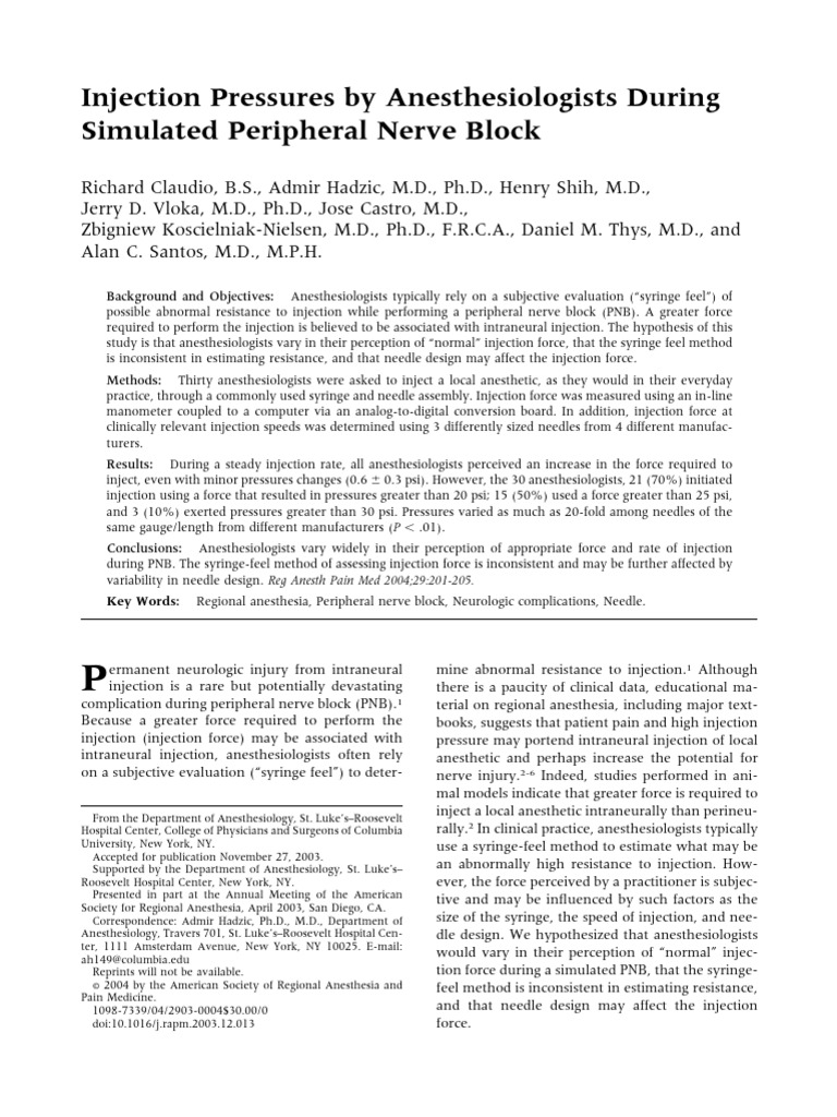 Injection Pressures by Anesthesiologist During Simulated Peripheral ...