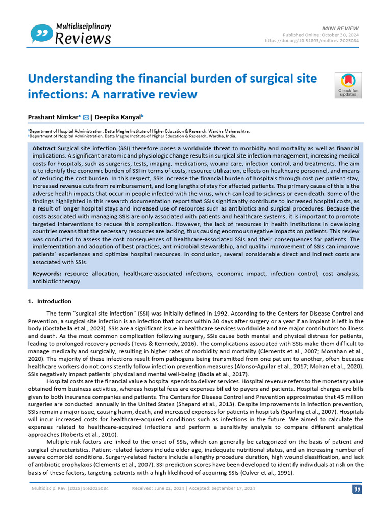 Financial Burden of Surgical Site Infections | PDF | Surgery | Health Care