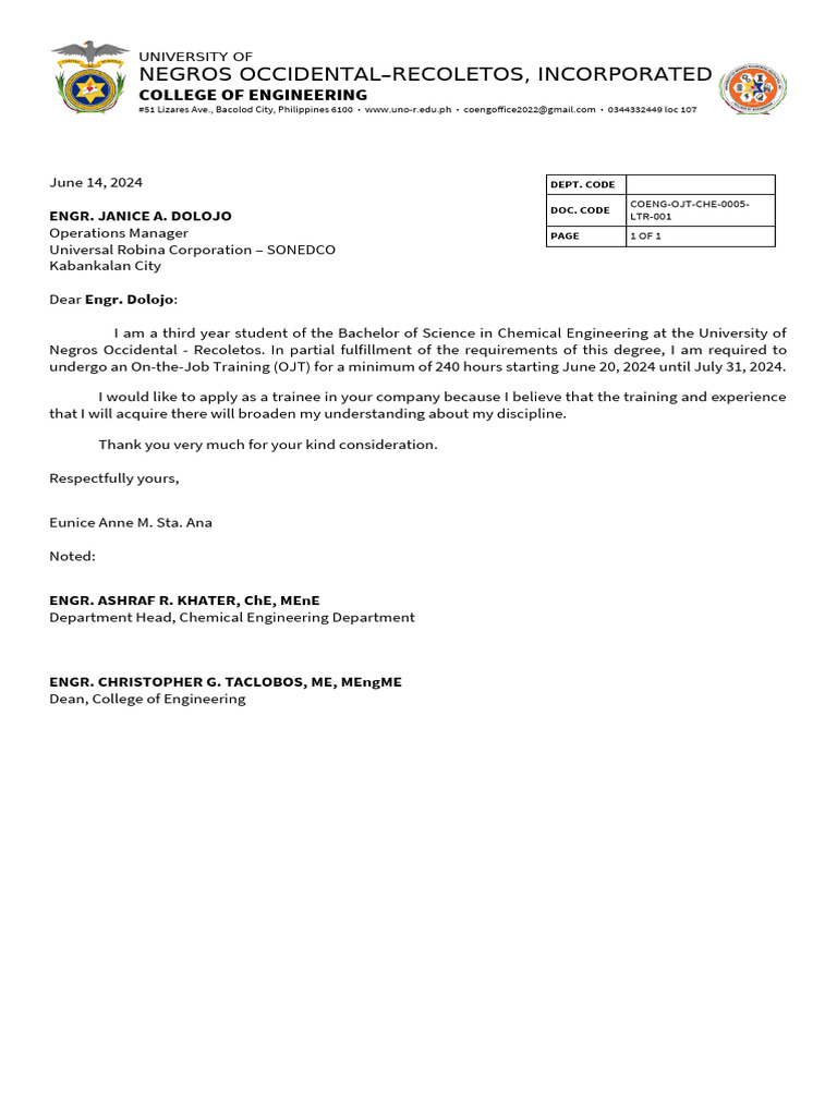 Sta - Ana Application Letter | PDF