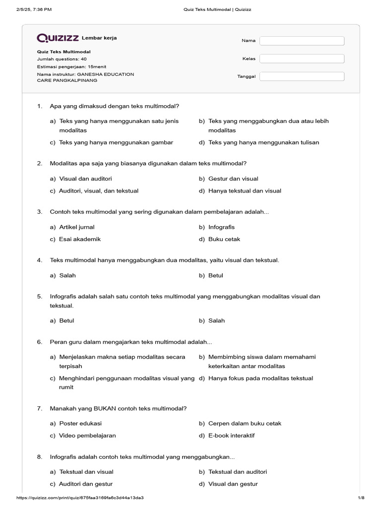 Quiz Teks Multimodal untuk Pembelajaran | PDF