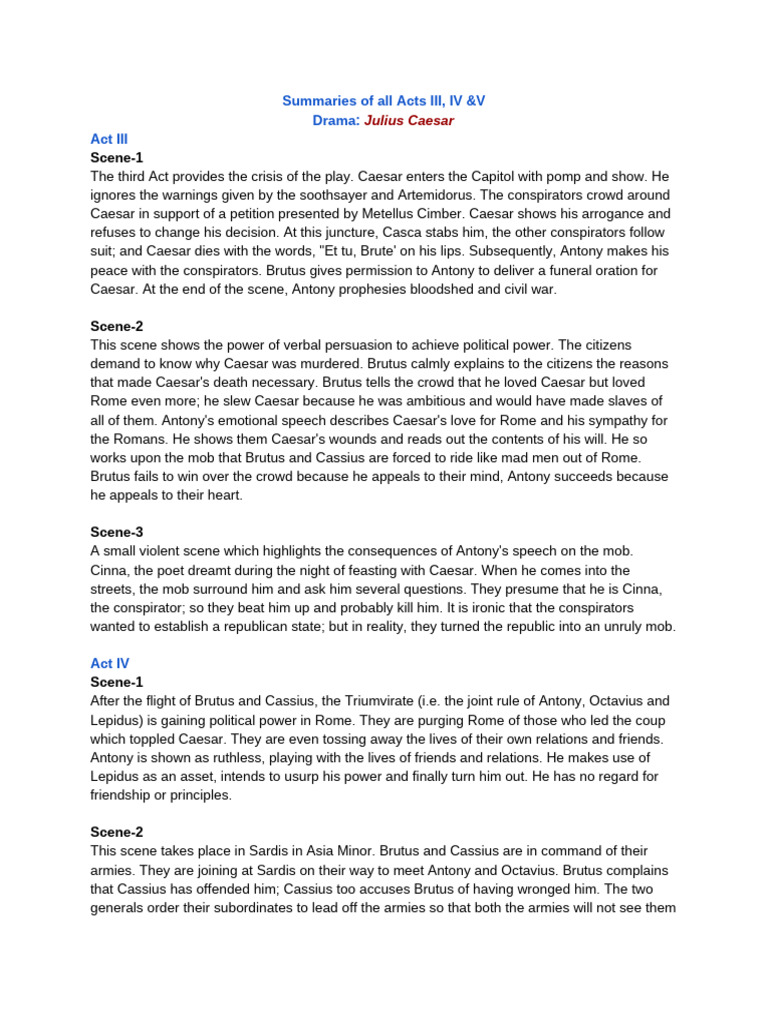 Julius Caesar Acts III-V Summary | PDF | Mark Antony | Julius Caesar