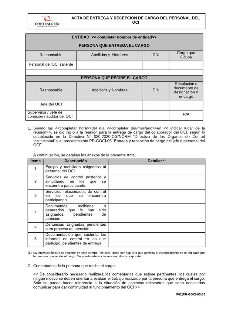 F02(PR-GOCI-05) Acta de entrega y recepción de cargo del personal del ...