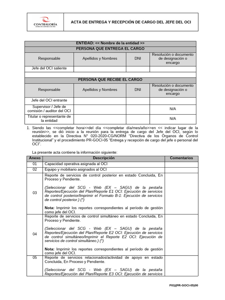F01 (PR-GOCI-05) Acta de Entrega y Recepción de Cargo Del Jefe Del OCI | PDF