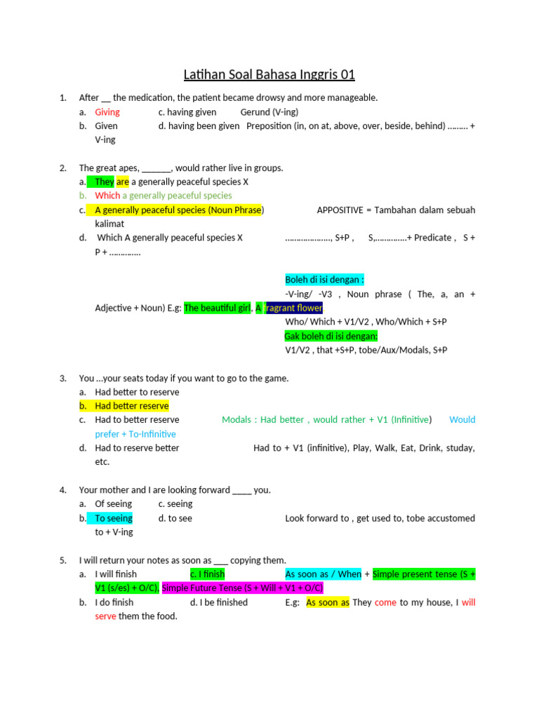 Latihan Soal Bahasa Inggris 01 | PDF | Adjective | Grammatical Tense