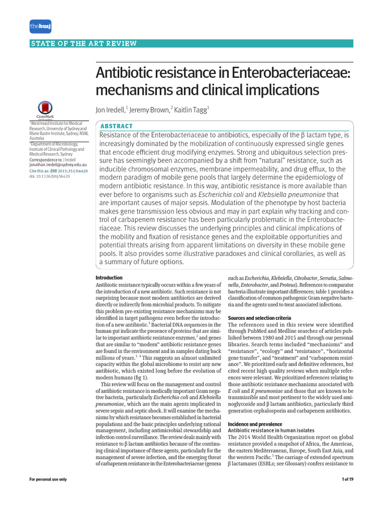 Antibiotic Resistance in Enterobacteriaceae | PDF | Beta Lactamase | Plasmid
