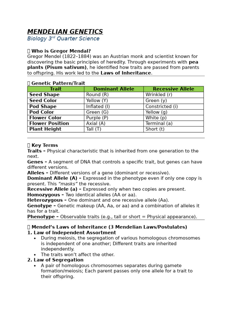 MENDELIAN GENETICS & MONOHYBRID INHERITANCE_BIOLOGY | PDF | Dominance ...