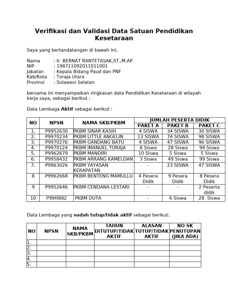 Verifikasi Dan Validasi Data Satuan Pendidikan Kesetaraan | PDF