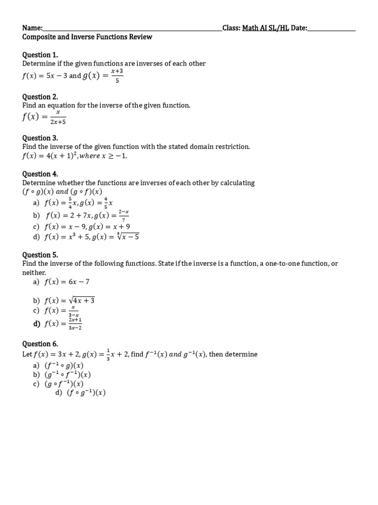 Composite and Inverse Functions Review | PDF