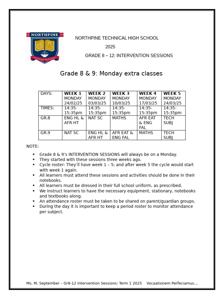 Schedule- Intervention Sessions Gr8-12 Including Bot Program 2025 | PDF