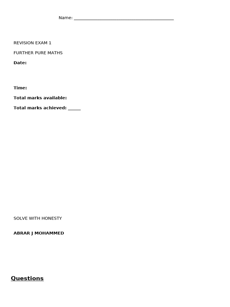 Further Pure Maths Revision Exam | PDF | Factorization | Equations