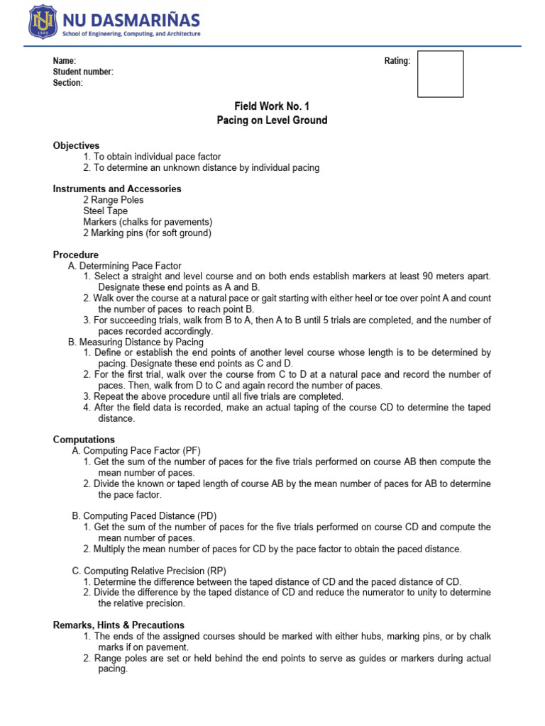 Fieldwork 1 Pacing On Level Ground | PDF | Horse Gait | Accuracy And Precision