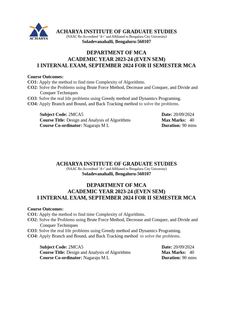 2MCA5 - DAA QP On 18-09-2024 | PDF | Time Complexity | Discrete Mathematics