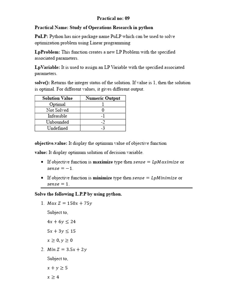 Practical No: 09 Practical Name: Study of Operations Research in Python Pulp: Lpproblem ...