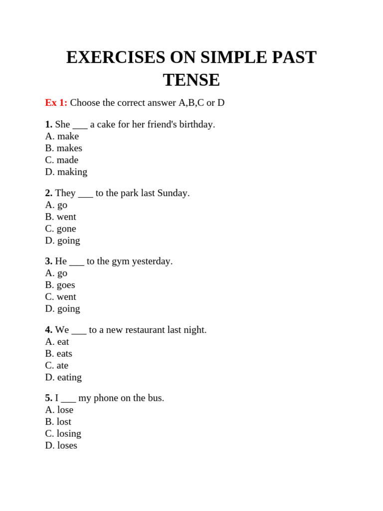 Exercises On Simple Past Tense | PDF