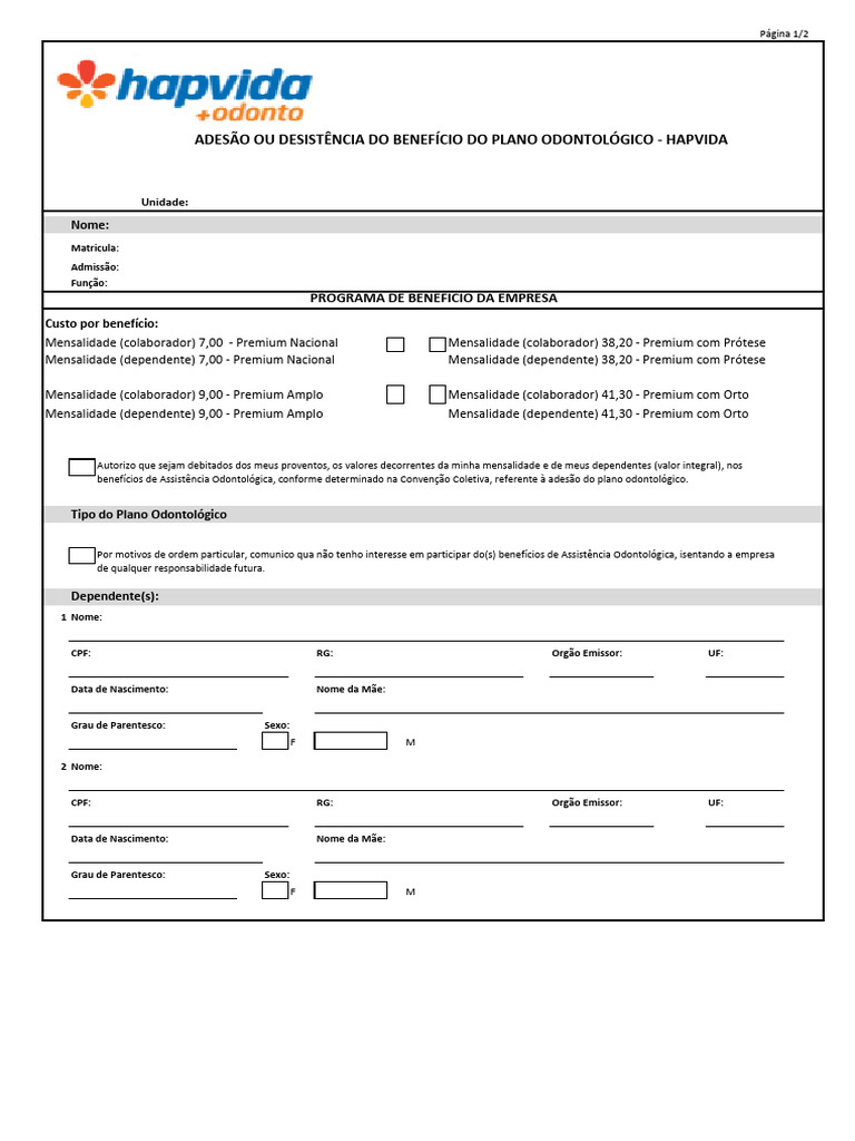 Ficha - Adesao Odonto Hapvida Atualizada | PDF