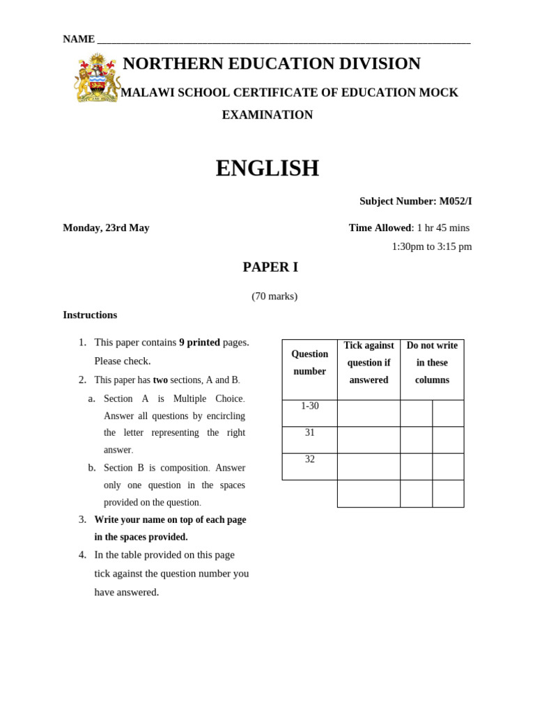 2022 MSCE English Mock Exam Paper | PDF | Adverb | Adjective