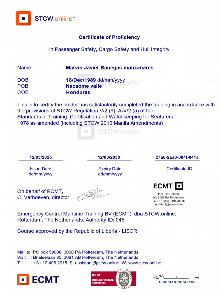 Certification Passenger Safety Cargo Safety and Hull Integrity ...