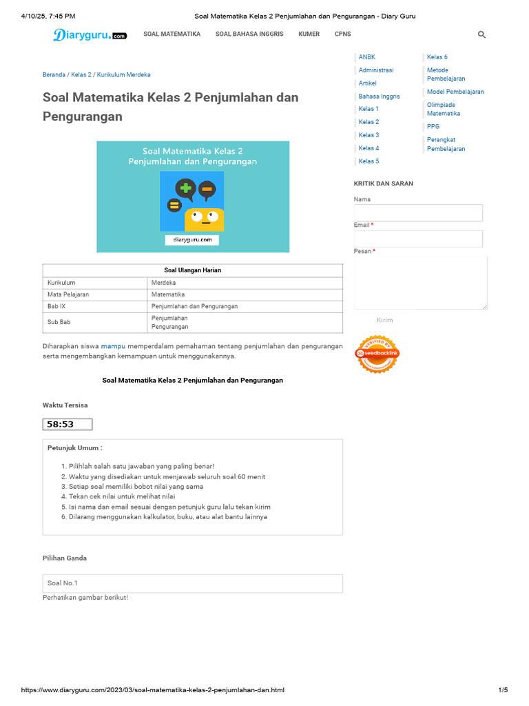 Soal Matematika Kelas 2 Penjumlahan dan Pengurangan | PDF