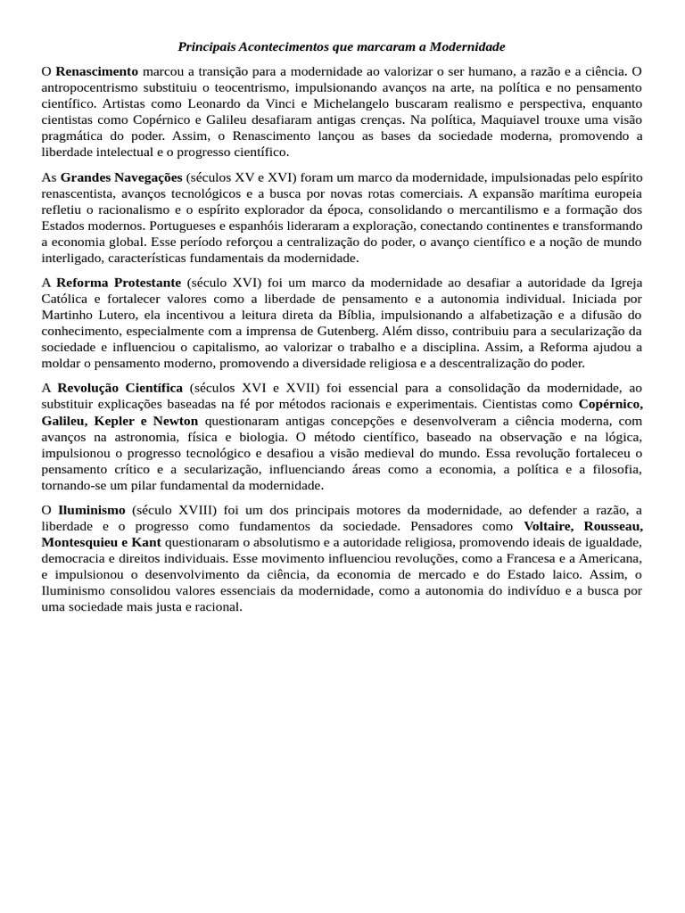 Principais Aspectos Da Modernidade | PDF | Science | Modernidade