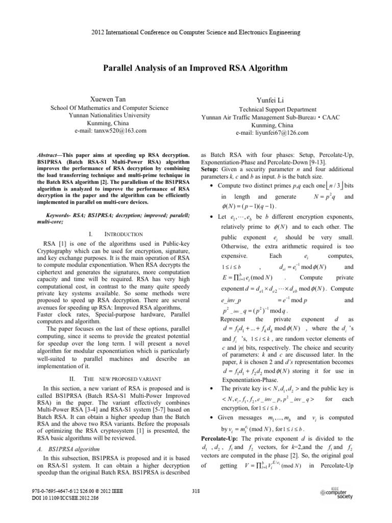 Parallel Analysis Of An Improved Rsa Algorithm Pdf Encryption Public Key Cryptography