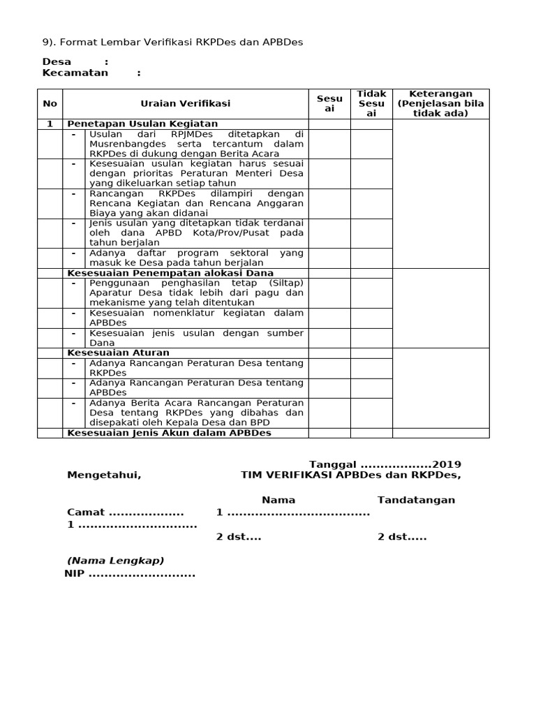 Verifikasi RKPDes dan APBDes 2019 | PDF