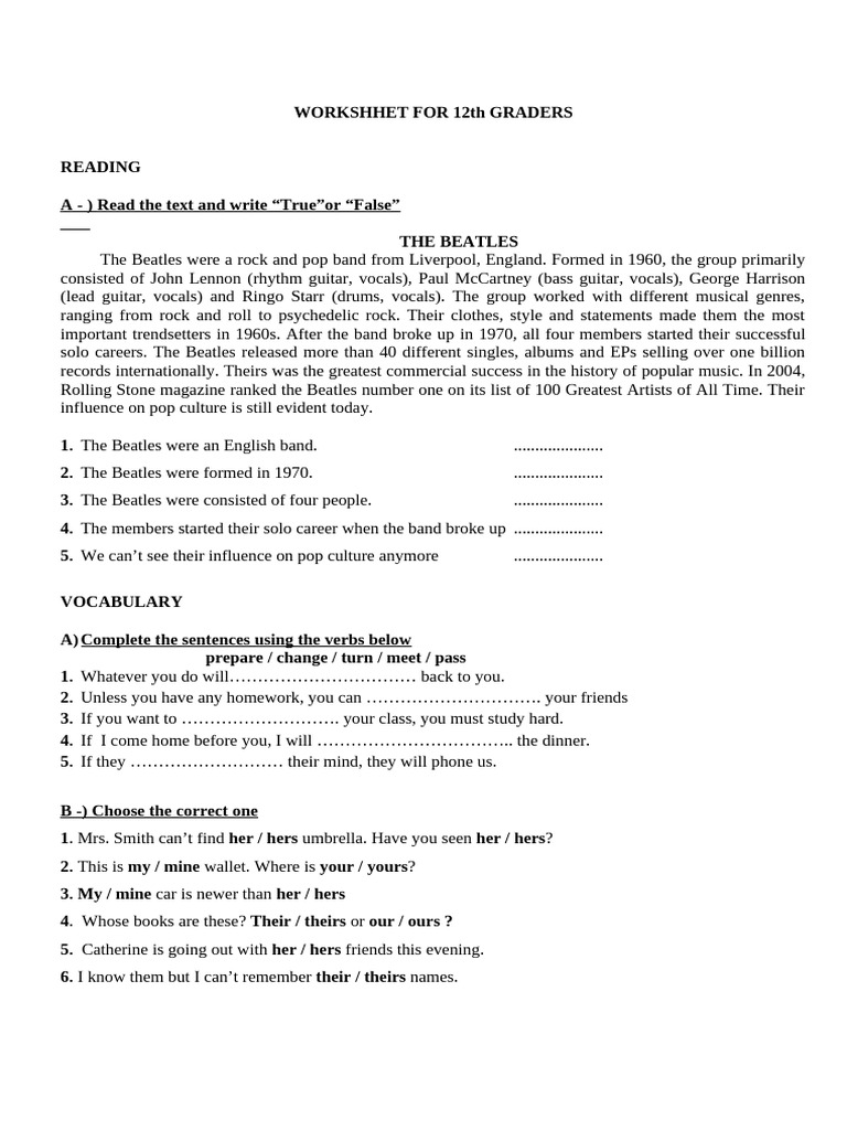 12th Grade Reading and Grammar Worksheet | PDF | The Beatles | Apple ...