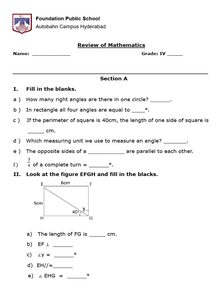 Grade IV Math Review (Answer Key) (1) | PDF | Euclid | Geometric ...