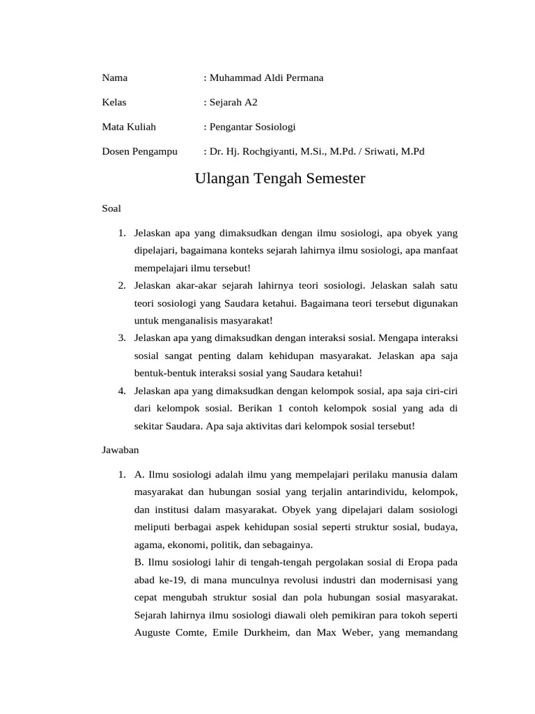 Uts Sosiologi Muhammad Aldi Permana 2210111310001 A2 | PDF