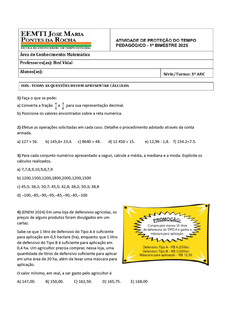 Aptp Matemática 3º 1bim | PDF