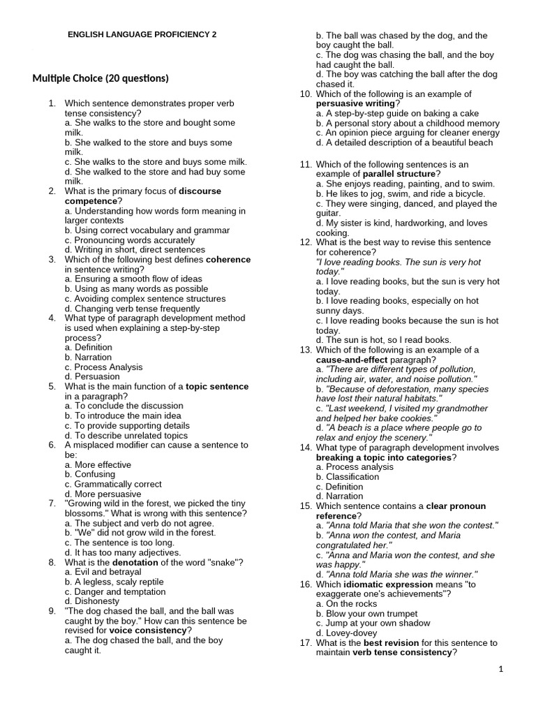 English Language Proficiency 2 Test Questionnaire Reviewer | PDF | Word ...