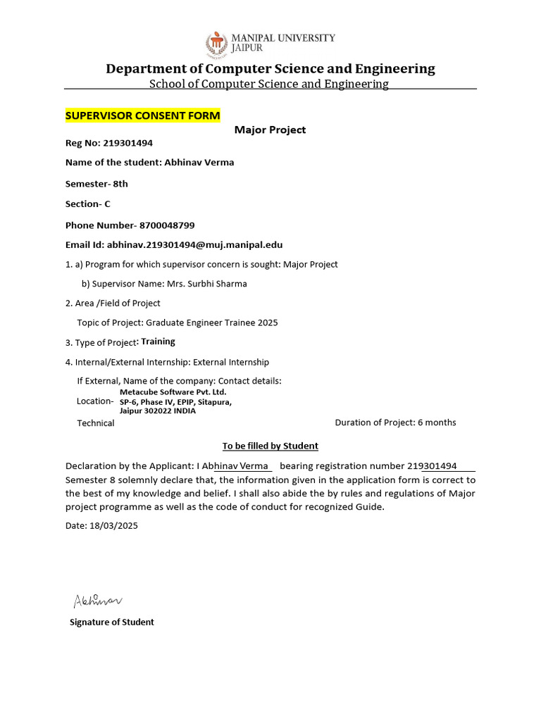 Abhinav - Verma - Supervisor Consent Form | PDF